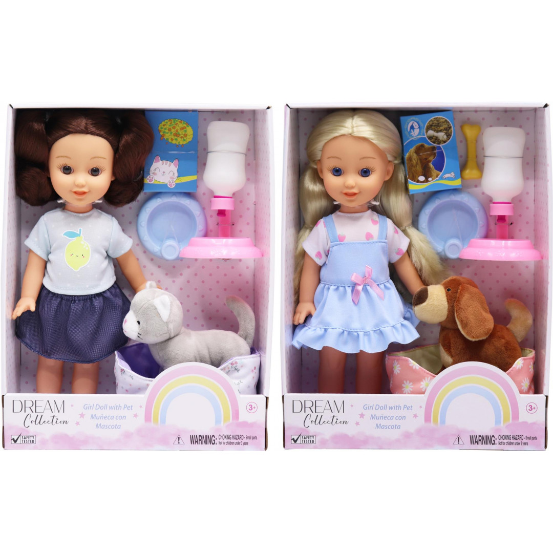 Gigo 12" Girl Dolls W/Hair Pet Car Play Set Assorted
