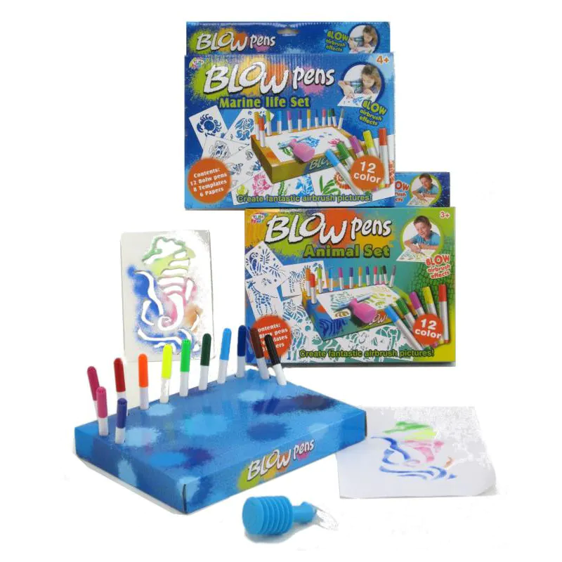 Blow Pens Airbrush Art Set - 12 Colour Pens, Stencils