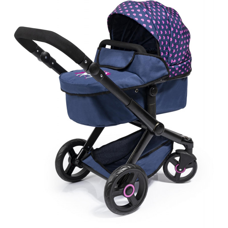 Xeo Compact Doll Pram - Dark Blue With Pink Heart Print