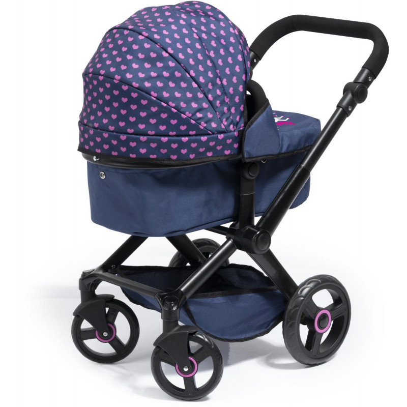 Xeo Compact Doll Pram - Dark Blue With Pink Heart Print