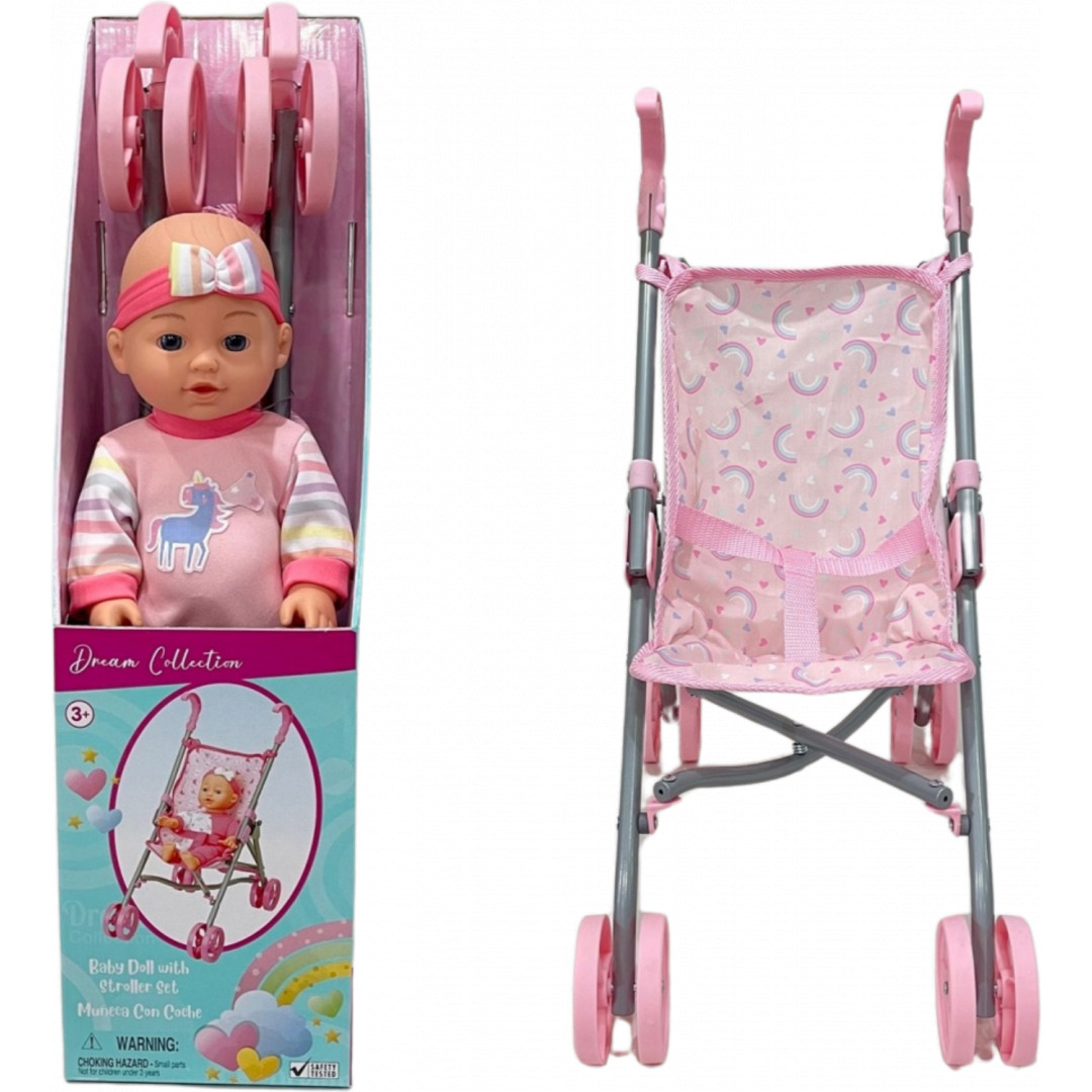 Gigo 12" Baby Doll Complete With Metal Stroller Set