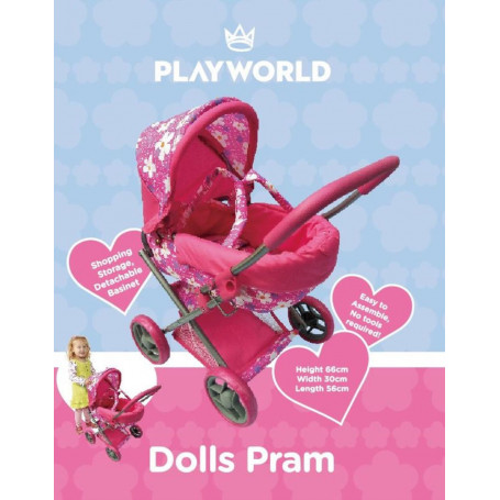 Playworld Doll Pram Medium Pink - Afterpay Available!